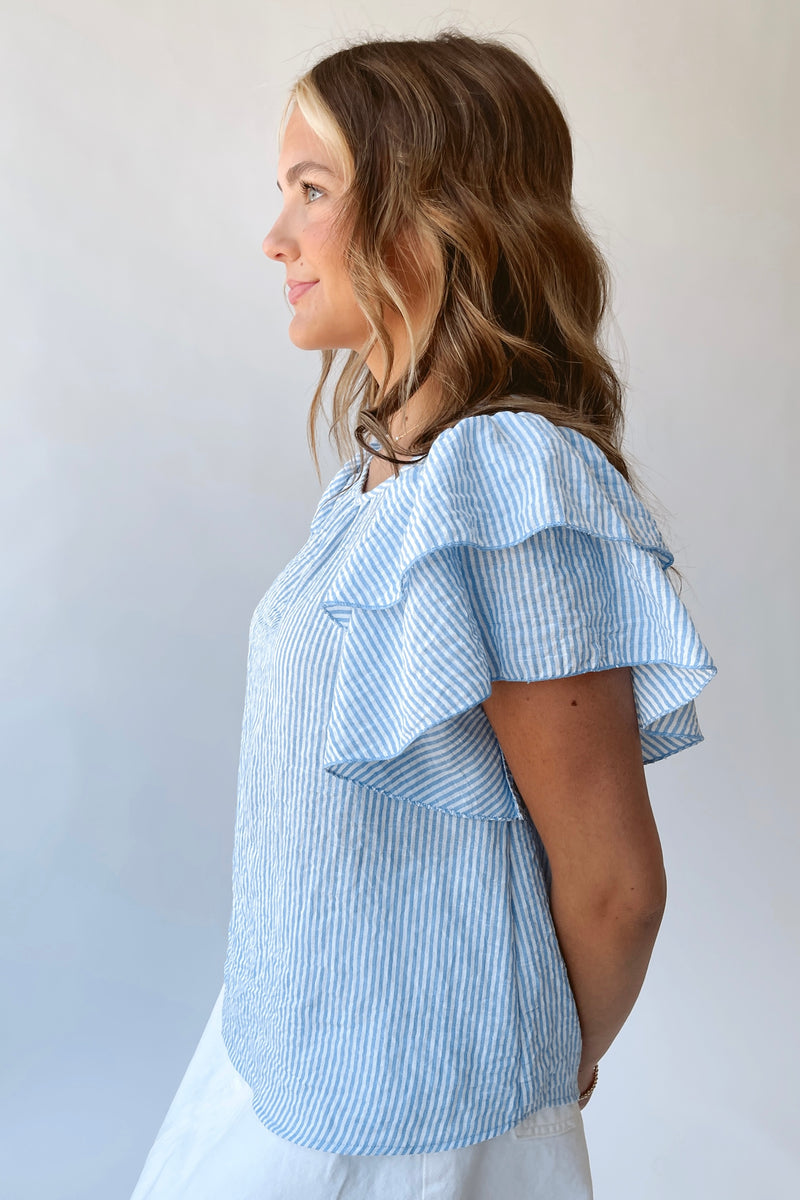 The Vanessa Ruffle Sleeve Striped Blouse in Blue – Piper & Scoot