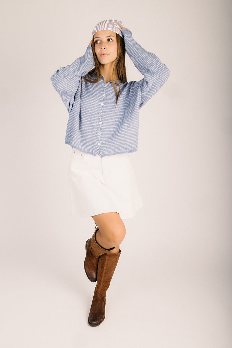 The Riggs Button-Down Sweater in Dusty Blue + Ivory Mini Stripe – Piper ...