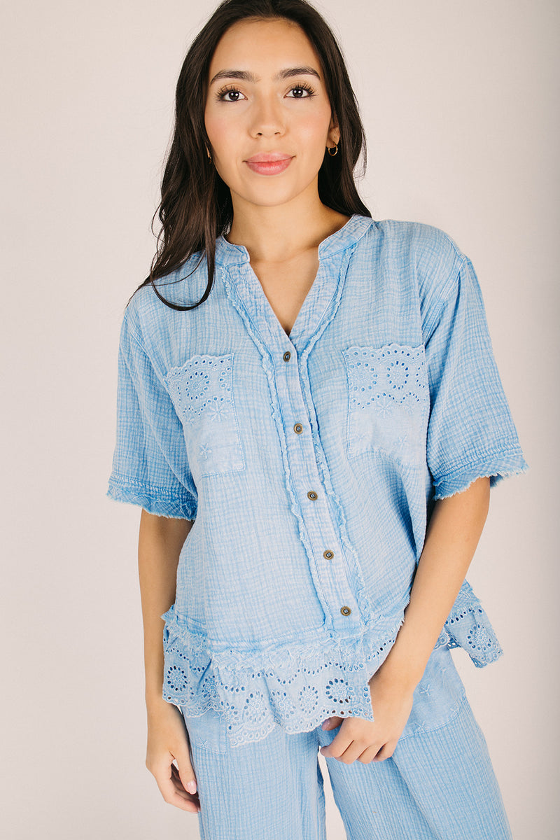 The Cutler Crochet Detail Blouse in Day Blue – Piper & Scoot