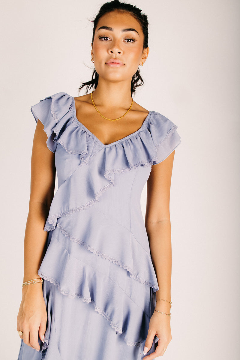The Tenorio Ruffle Detail Maxi Dress in Dusty Blue – Piper & Scoot