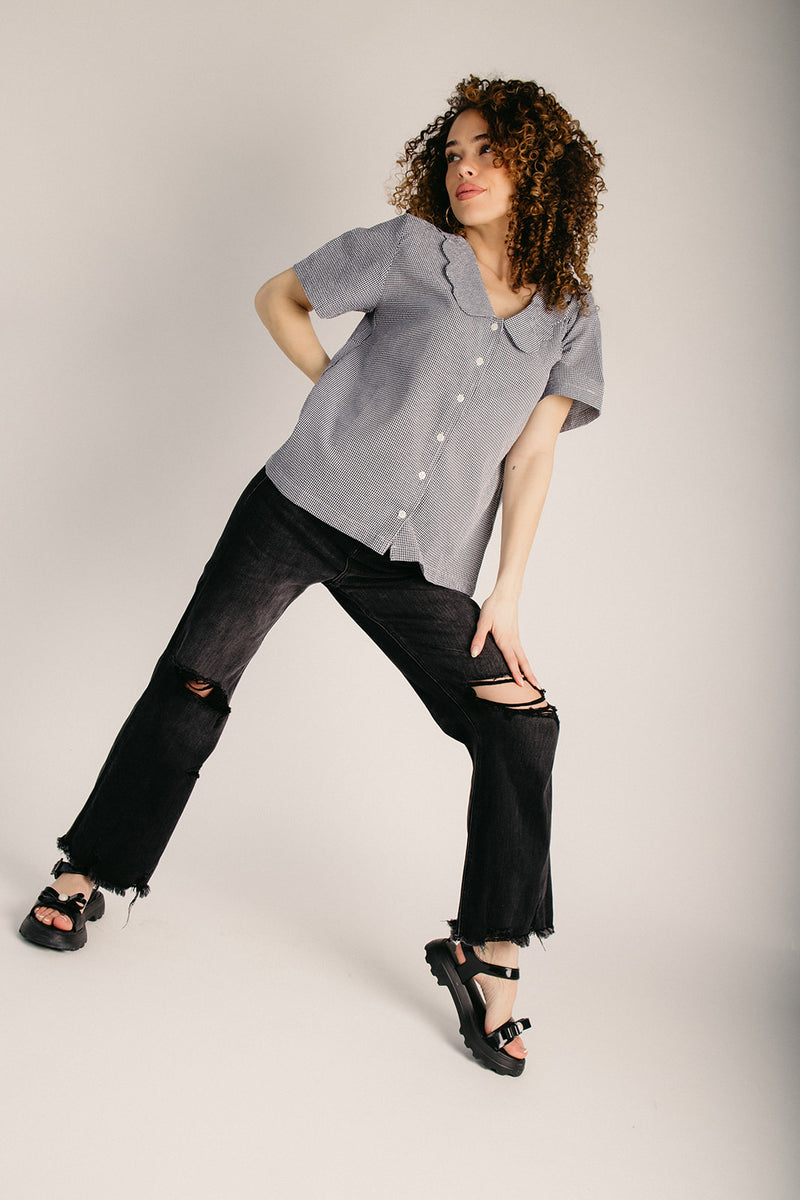 The Willie Gingham Button-Up Blouse in Black + White – Piper & Scoot