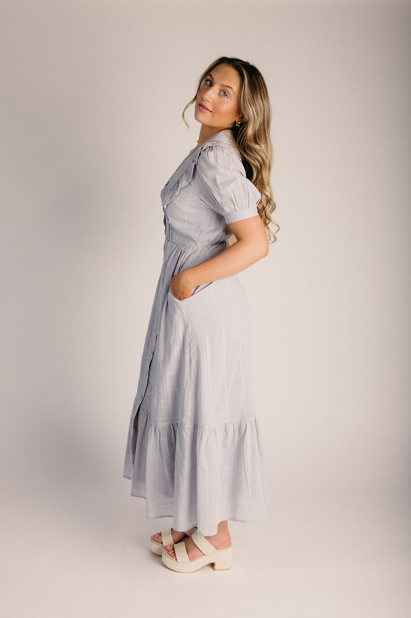 The Vandalia Ruffle Collared Maxi Dress in Misty Blue – Piper & Scoot